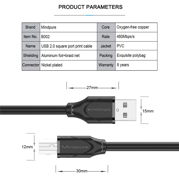 MINDPURE US002 2m USB2.0 Male to Square USB Type-B Male Printer Cable ...