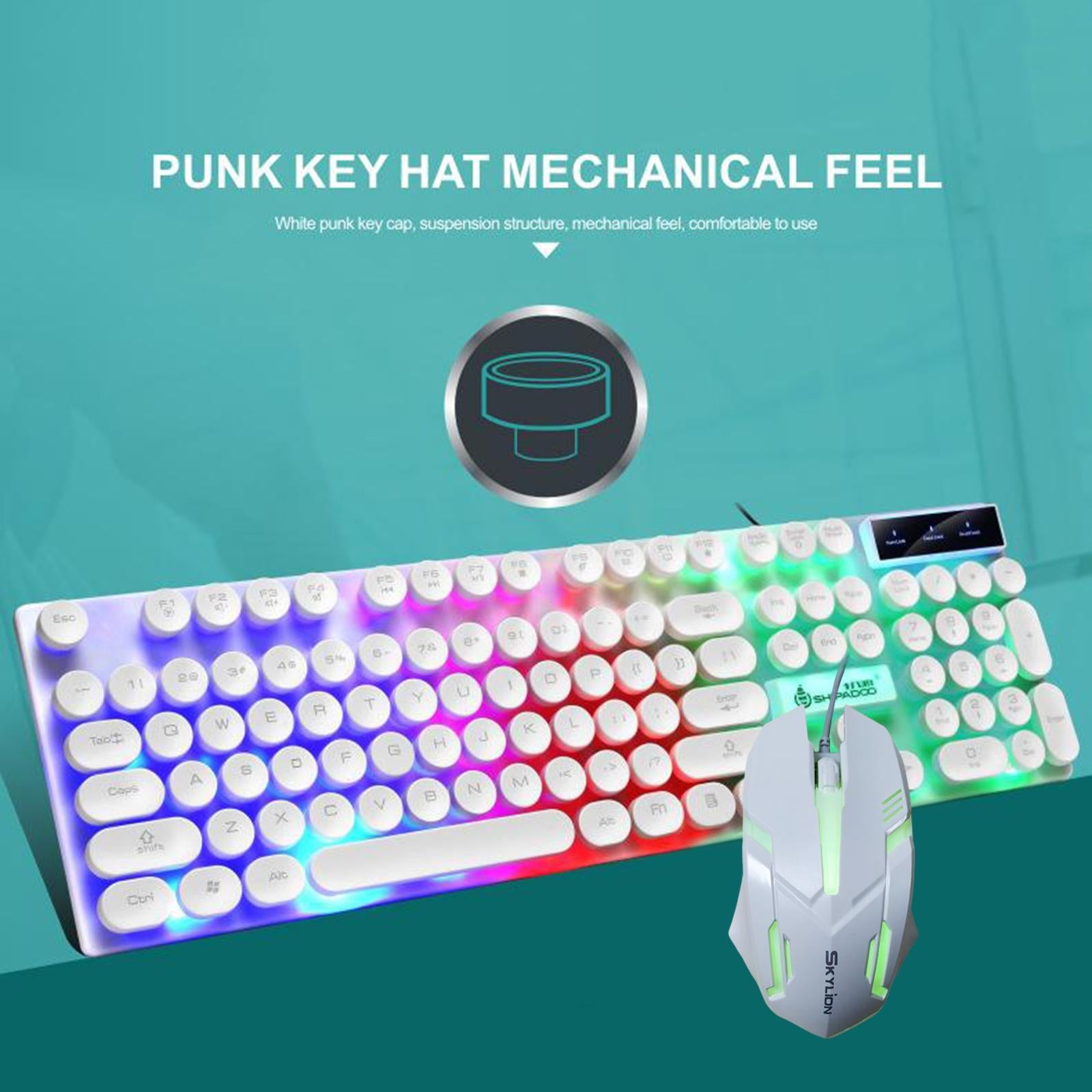 USB Wired RGB Rainbow LED Backlit Gamer Mouse and Keyboard Set White ...