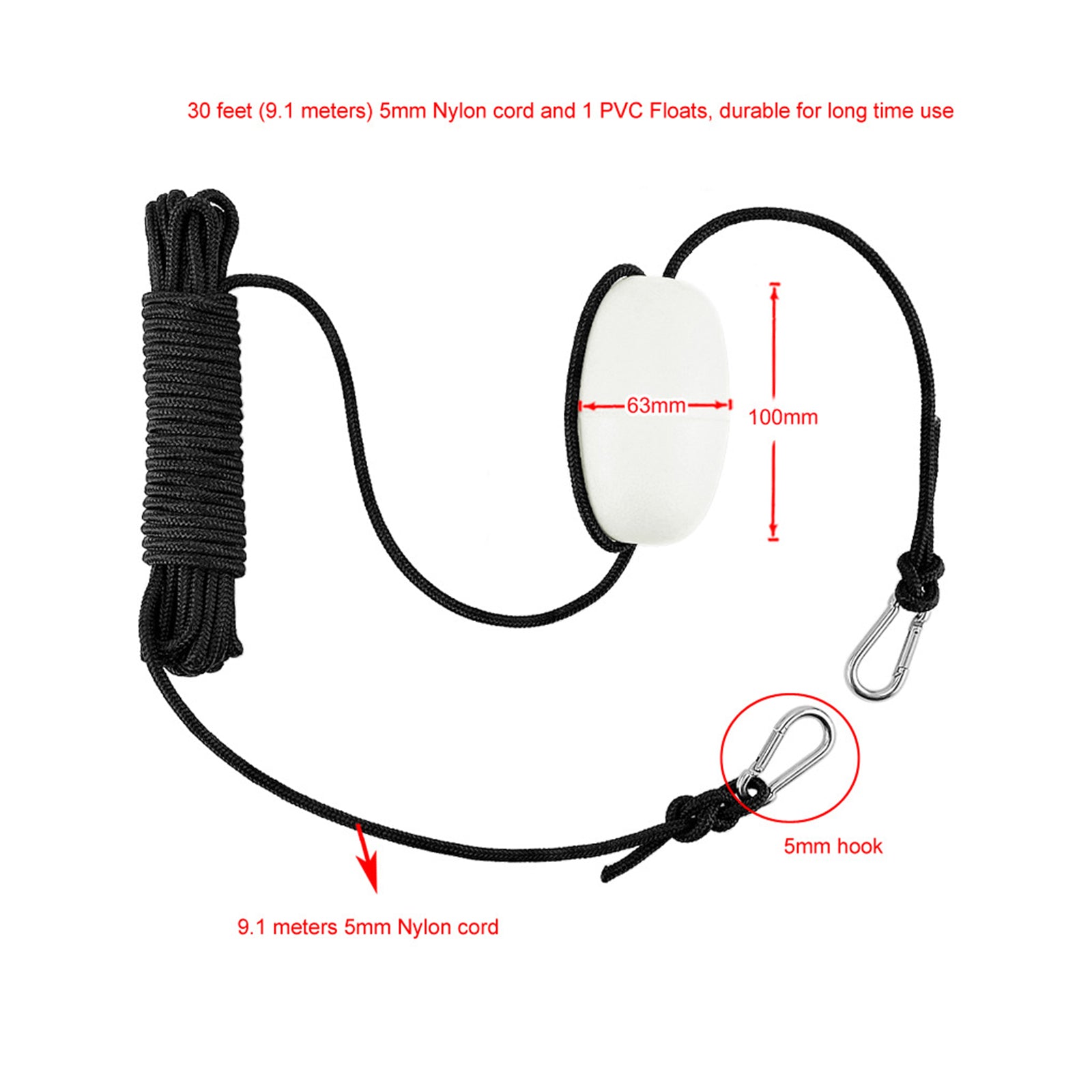 Marine Kayak Drift Anchor Tow Line with PVC Buoy & Clips for Pontoon C ...